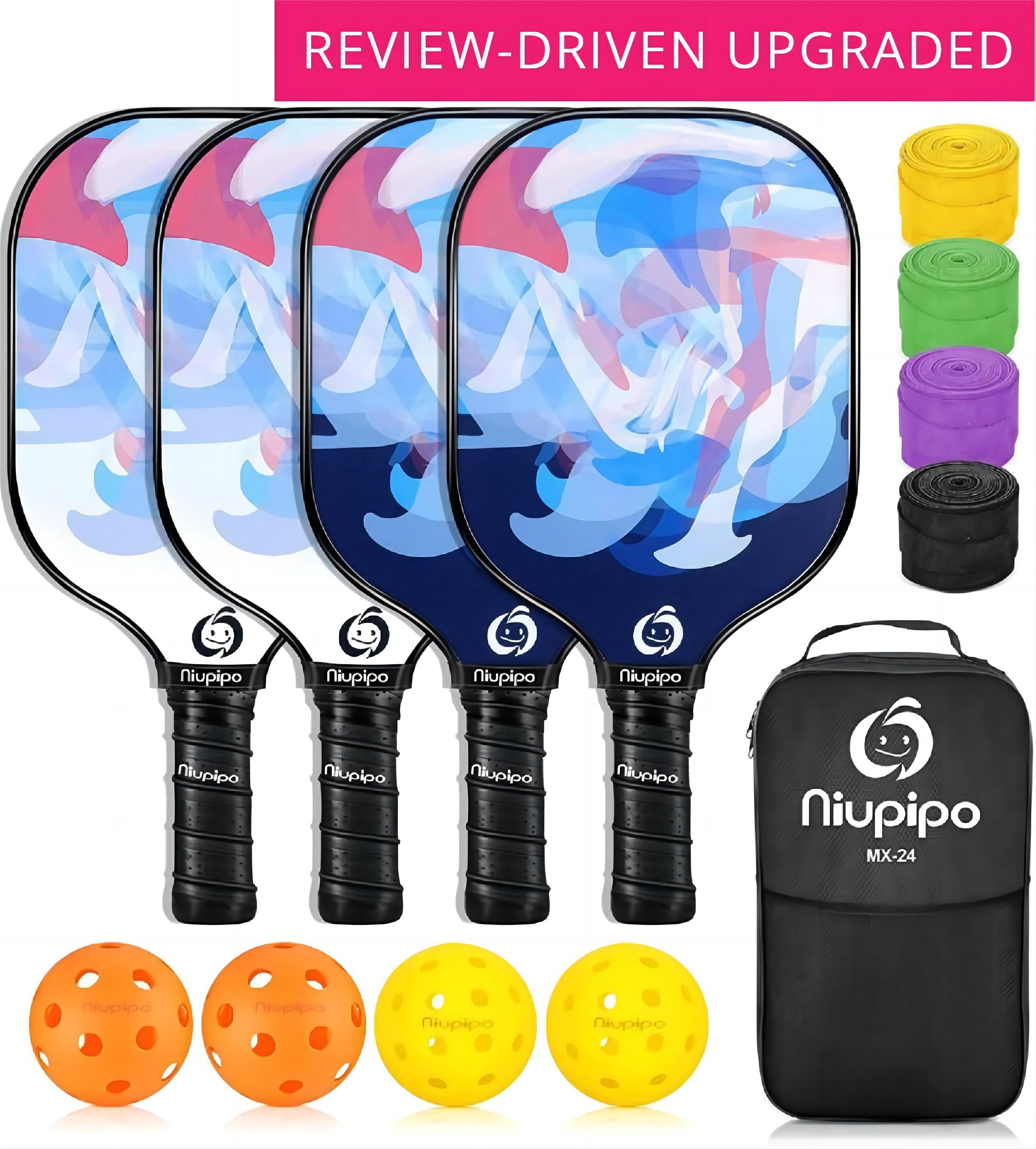 Niupipo | Fiberglass Pickleball Racquets Set of 4 w/Balls